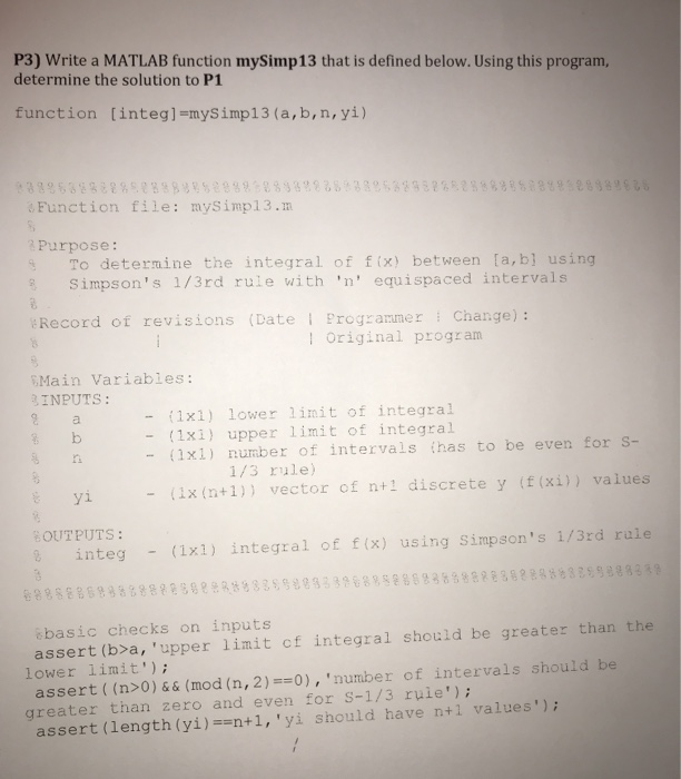 Solved P3) Write a MATLAB function mySimp13 that is defined | Chegg.com