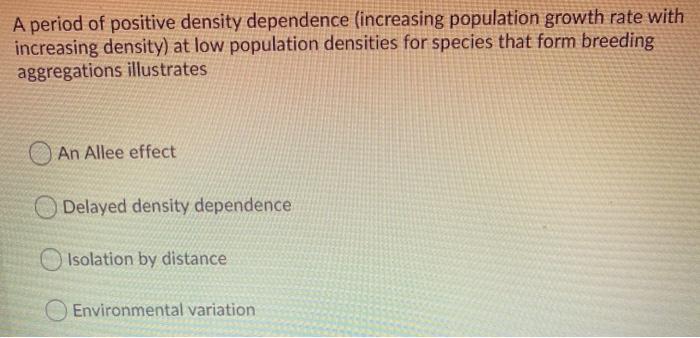Solved A period of positive density dependence (increasing | Chegg.com