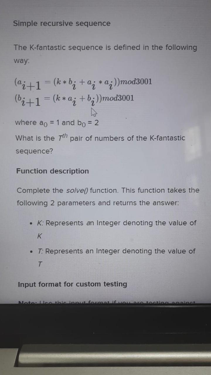 Simple recursive sequence The K-fantastic sequence is | Chegg.com