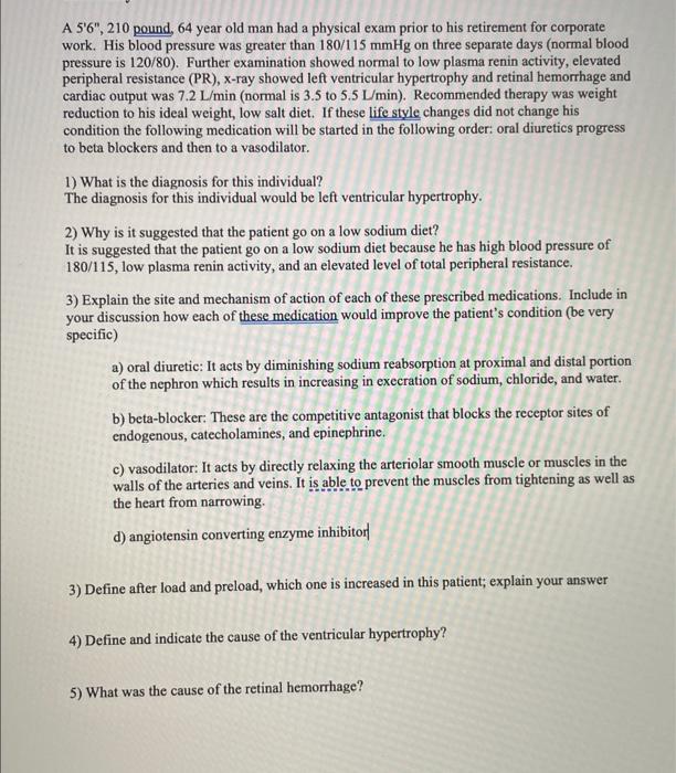 Solved A 5′6′′,210 pound, 64 year old man had a physical | Chegg.com