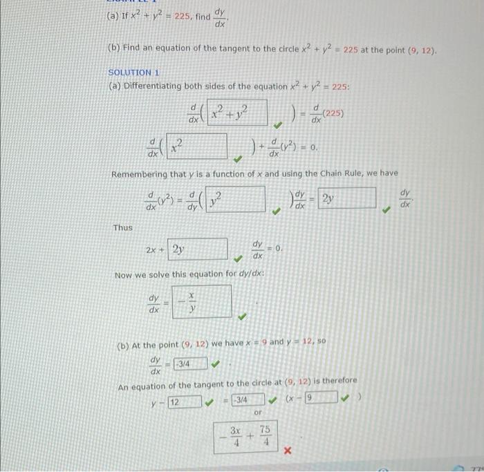 Solved (a) if x2 + y2 = 225, find dy dx (b) Find an equation | Chegg.com
