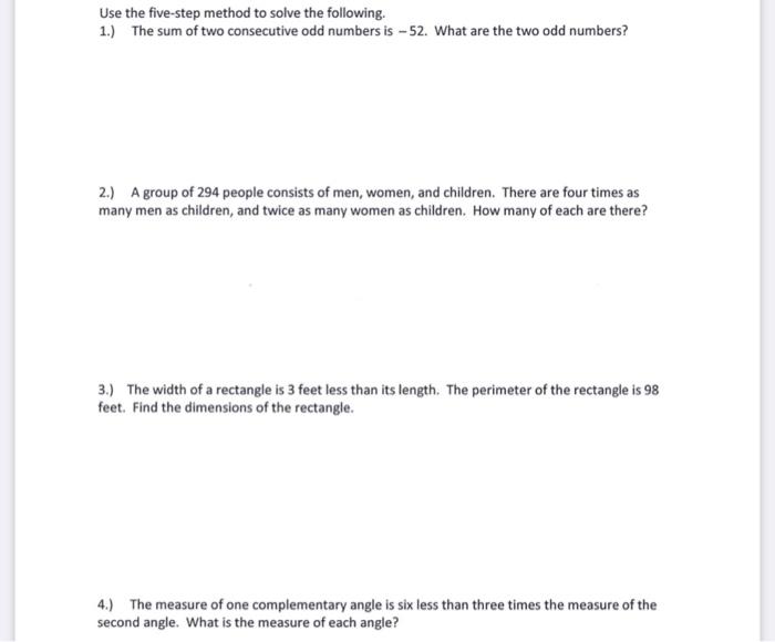 Solved Use the five-step method to solve the following. 1.) | Chegg.com