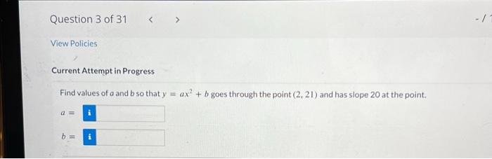 Solved Find values of a and b so that y=ax2+b goes through | Chegg.com
