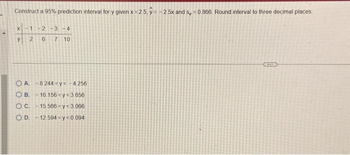 Solved Construct a 95% prediction interval for y given x = | Chegg.com