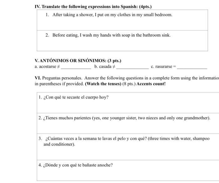 Solved IV. Translate the following expressions into Spanish: | Chegg.com
