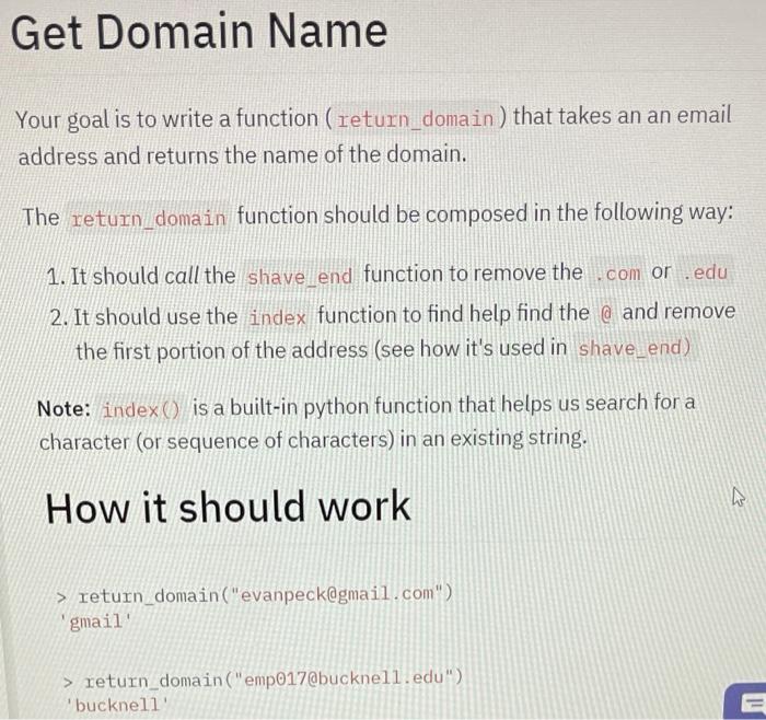 Solved Get Domain Name Your goal is to write a function | Chegg.com