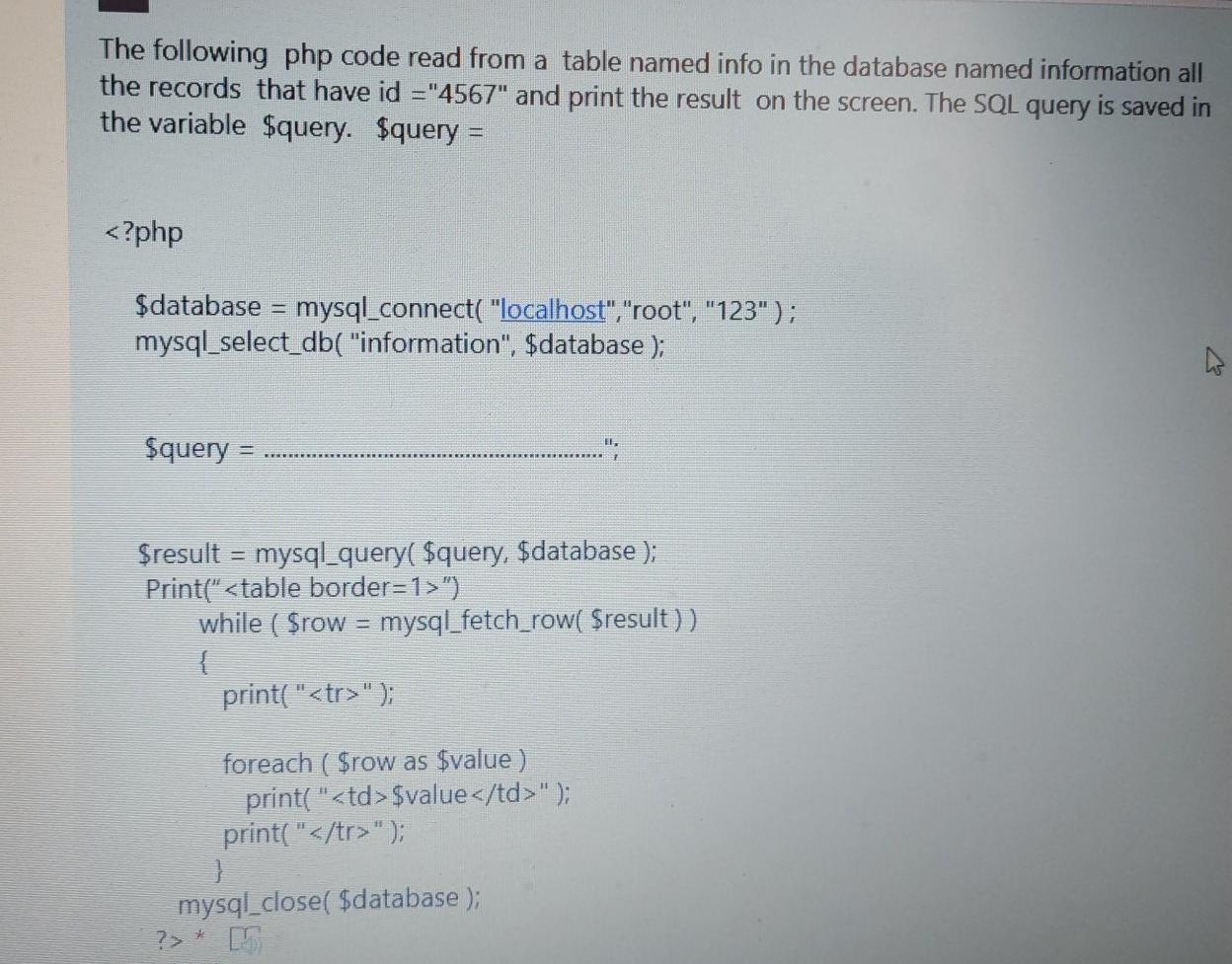 Solved The following php code read from a table named info | Chegg.com