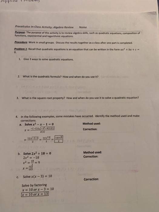 Solved Applied Precalculus in-Class Activity: Algebra Review | Chegg.com