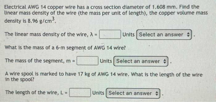 Solved Electrical AWG 14 copper wire has a cross section | Chegg.com