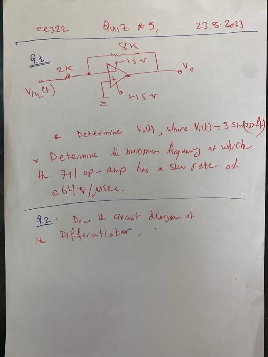 Solved ee322 9. t Vin (+) 2K the Quiz #5, 9.2: 8K Determine | Chegg.com