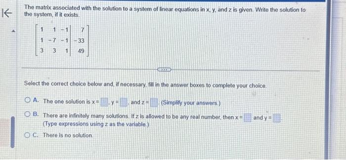 Solved The matrix associated with the solution to a system | Chegg.com