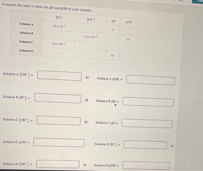 Solved Complete this table to show the pH and pOH of each | Chegg.com