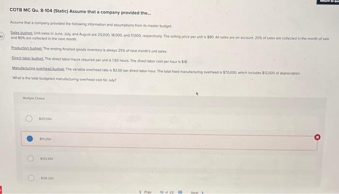 Solved Q COTB MC Qu. 8-104 (Static) Assume that a company | Chegg.com