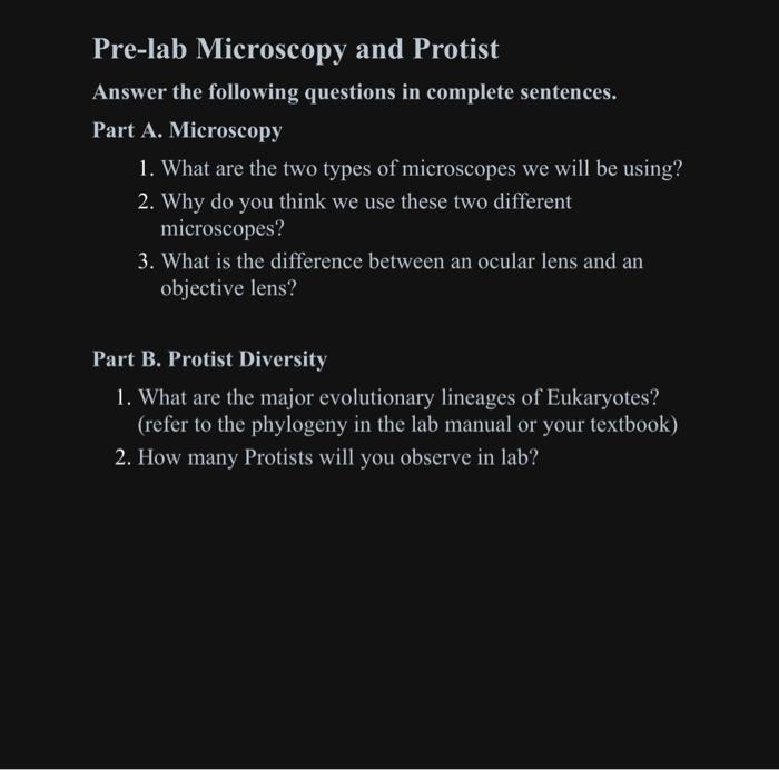 Solved Pre-lab Microscopy and Protist Answer the following | Chegg.com