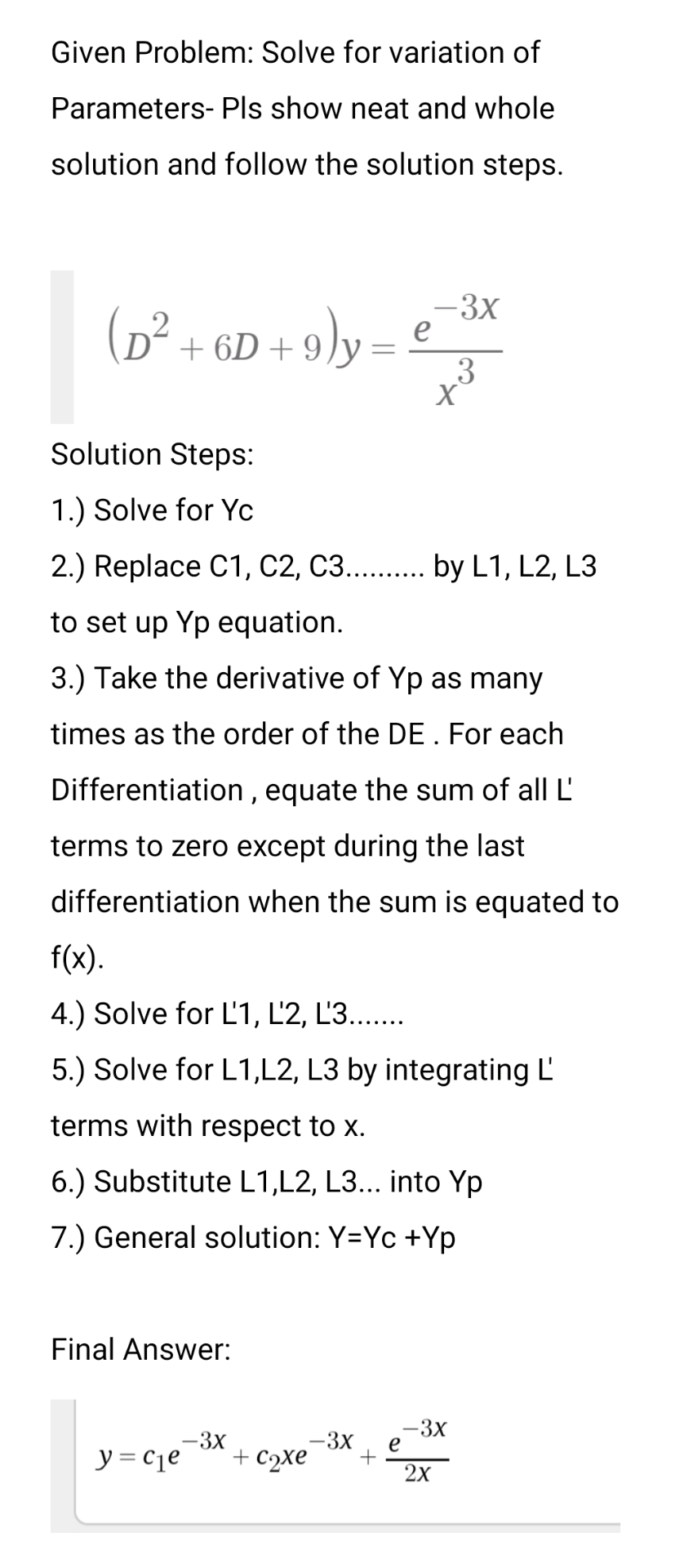 Solved Given Problem: Solve for variation of Parameters- Pls | Chegg.com
