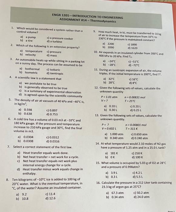 Solved ENGR 1201-INTRODUCTION TO ENGINEERING ASSIGNMENT A14 | Chegg.com