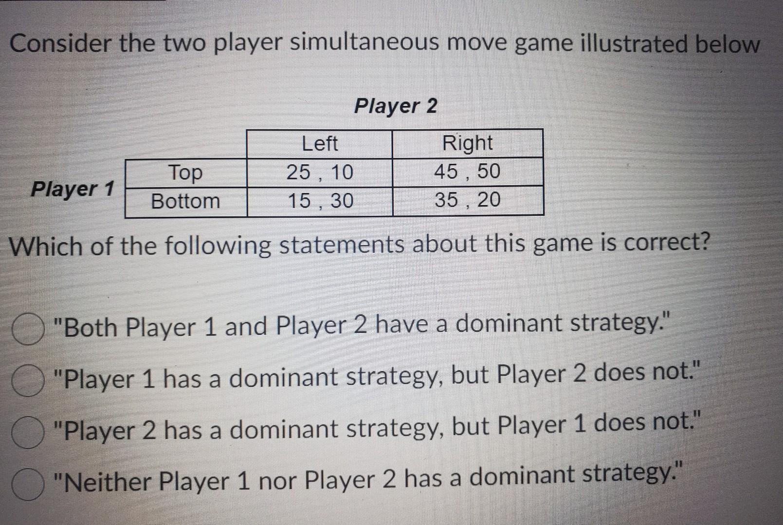 Solved Consider the two player simultaneous move game | Chegg.com