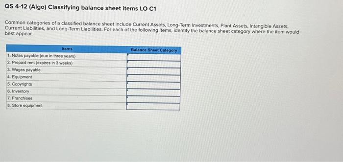 Solved QS 4-12 (Algo) Classifying balance sheet items LO C1 | Chegg.com