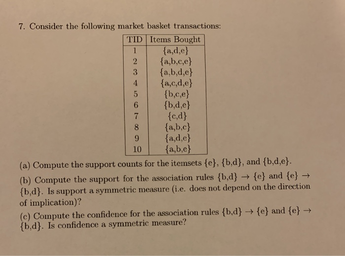 Solved 7. Consider the following market basket transactions: | Chegg.com