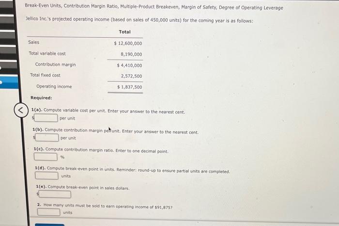 Solved Break-Even Units, Contribution Margin Ratio, | Chegg.com