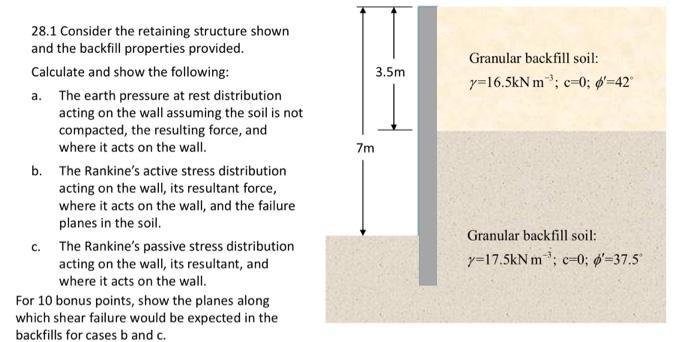 Solved 3.5m Granular backfill soil: y=16.5kN m; c=0; ©=42 7m | Chegg.com