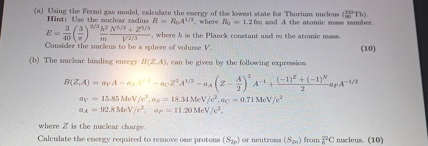 Solved (a) Using the Fermi gas model, calculate the energy | Chegg.com