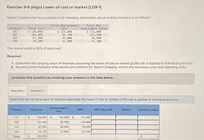 Solved Exercise 9.6 (Algo) Lower of cost or market [LO9-1] | Chegg.com