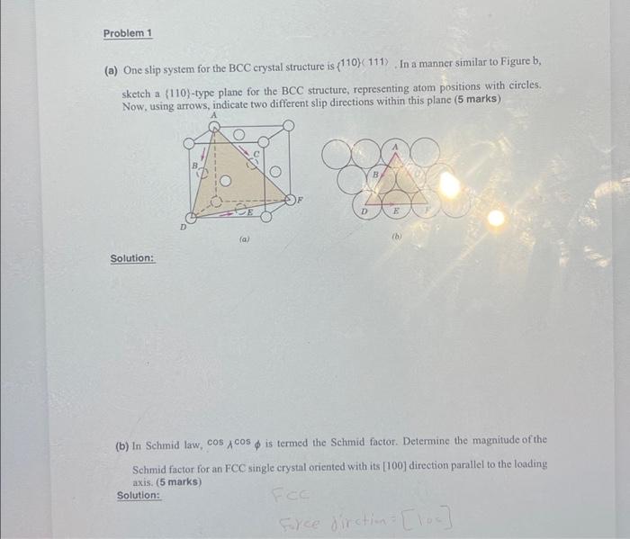 Solved Problem 1 (a) One slip system for the BCC crystal | Chegg.com