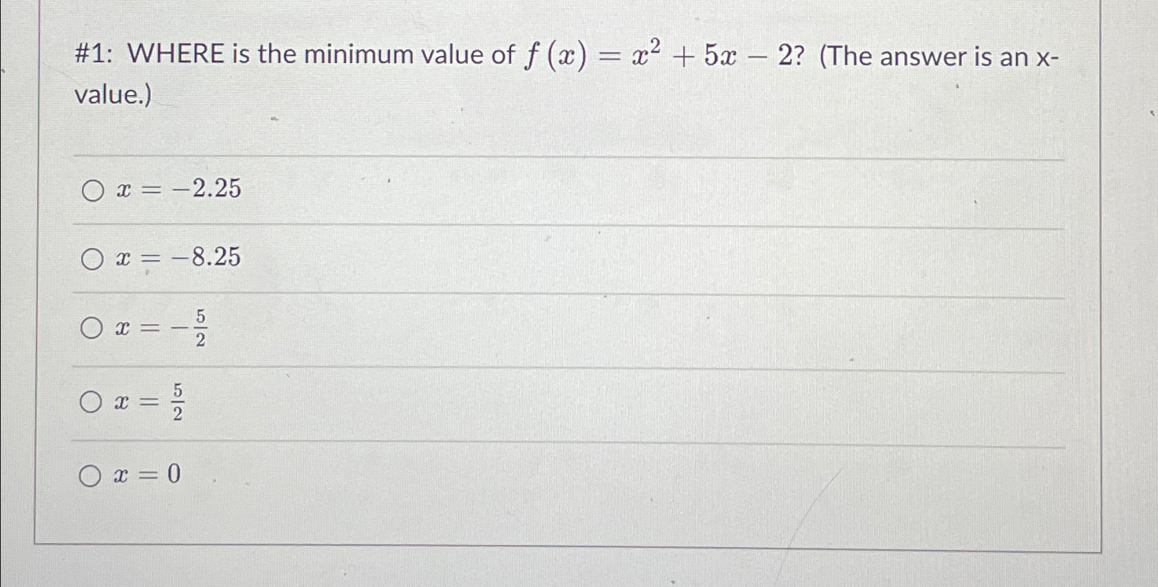 Solved #1: WHERE is the minimum value of f(x)=x2+5x-2 ? (The | Chegg.com