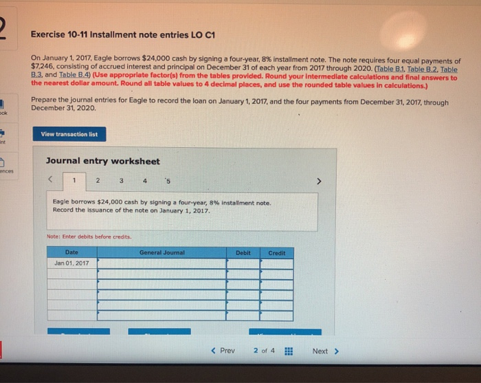 Solved Exercise 10-11 Installment note entries LO C1 On | Chegg.com