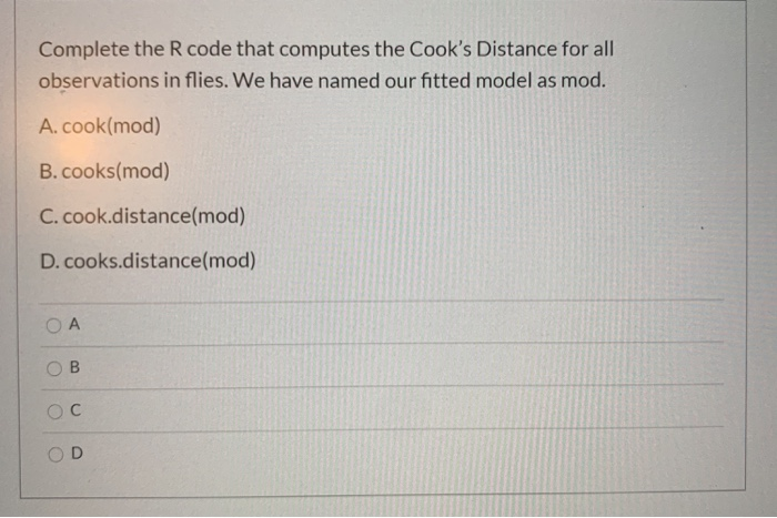 Solved Complete the R code that computes the Cook's Distance | Chegg.com