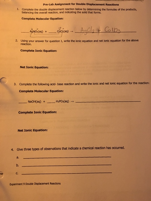Solved Pre-Lab Assignment for Double Displacement Reactions | Chegg.com
