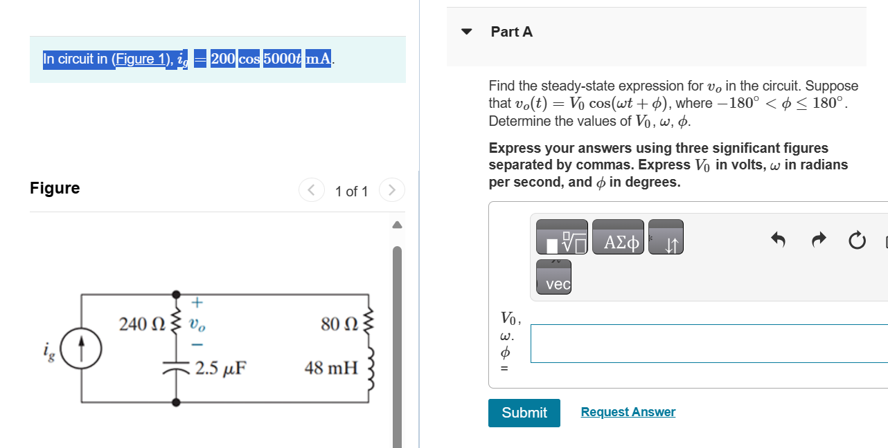 Solved In circuit in (Figure 1), ig=200cos5000tmA.Figure1 | Chegg.com