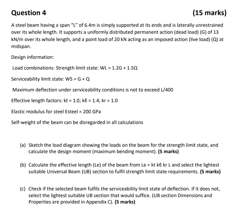 Solved Question 4(15 ﻿marks)A steel beam having a span "L" | Chegg.com