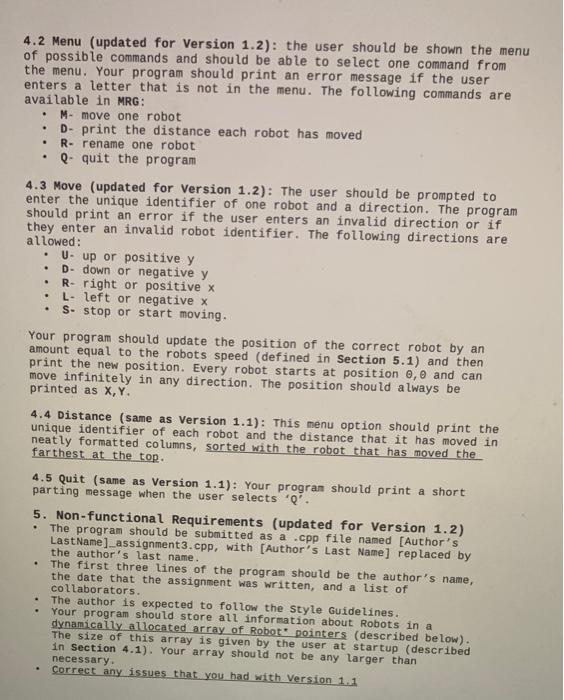 Solved 4.2 Menu (updated for Version 1.2): the user should | Chegg.com