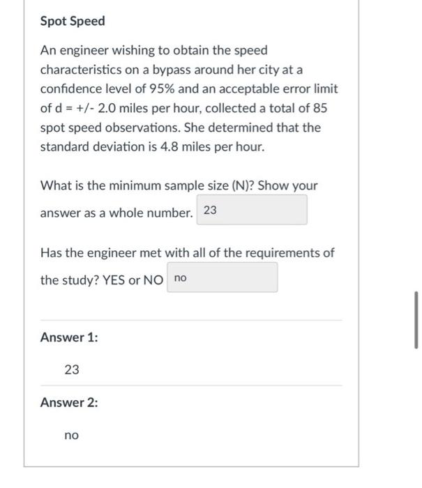 Solved Spot Speed An engineer wishing to obtain the speed | Chegg.com