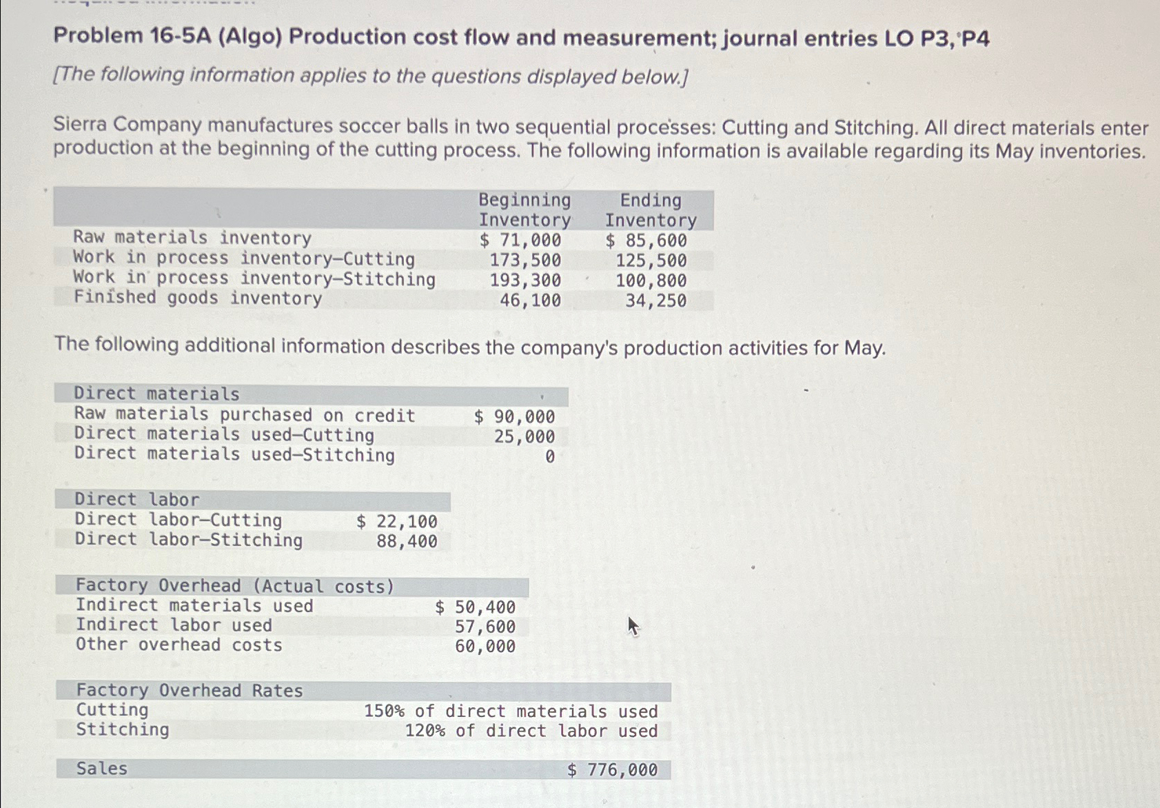 Solved Problem 16-5A (Algo) ﻿Production cost flow and | Chegg.com