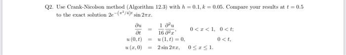 Solved 12. Use Crank-Nicolson method (Algorithm 12.3) with | Chegg.com