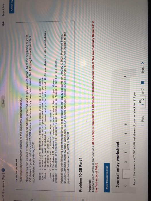 Solved er 10 Homework (Algo) / Help Save & Exit Check my | Chegg.com