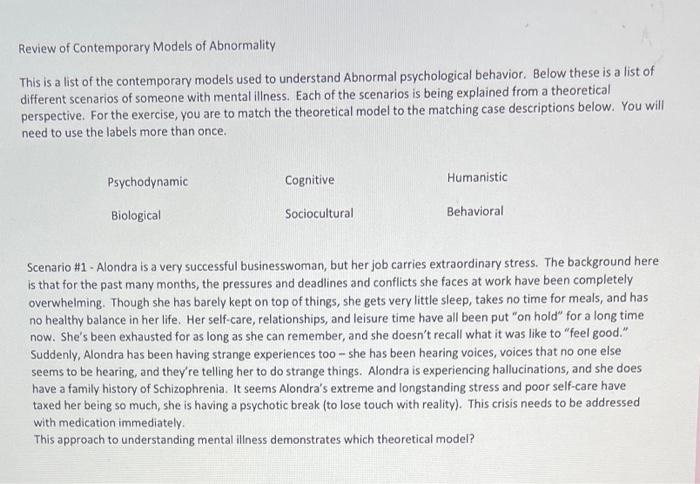 Solved Review of Contemporary Models of Abnormality This is | Chegg.com