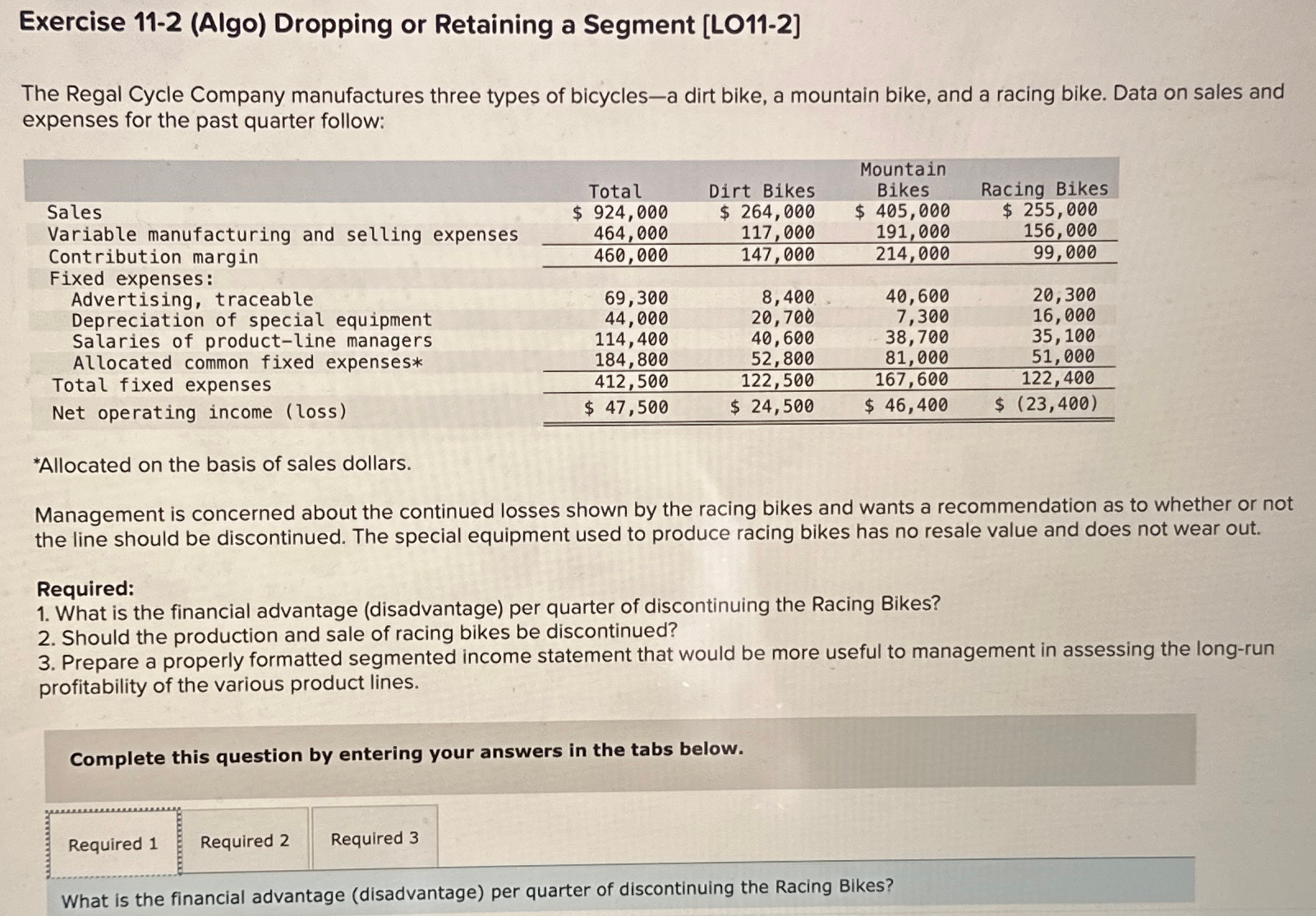 Solved Exercise 11-2 (Algo) ﻿Dropping or Retaining a Segment | Chegg.com