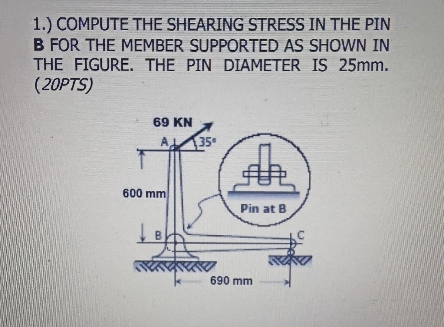 Solved 1.) COMPUTE THE SHEARING STRESS IN THE PIN B FOR THE | Chegg.com