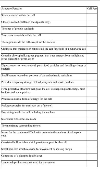Solved Structure/Function \begin{tabular}{|l|l|} \hline & | Chegg.com