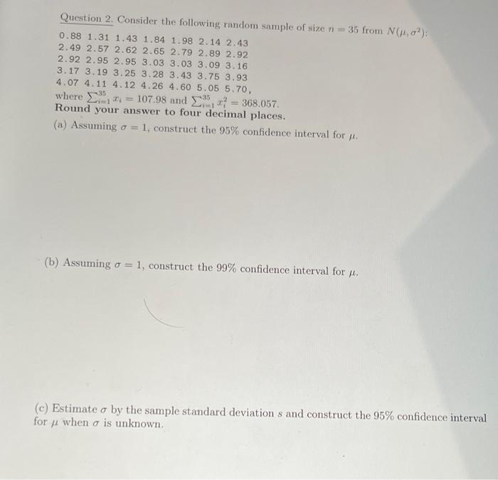 Solved Question 2. Consider the following random sample of | Chegg.com