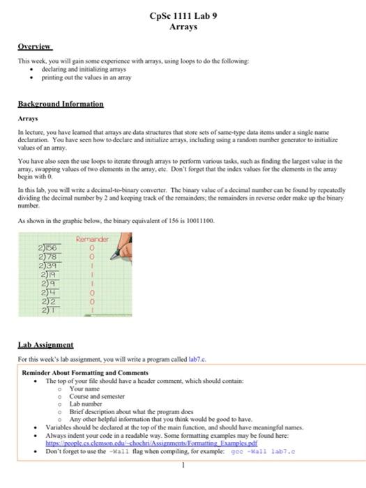 Solved CpSc 1111 Lab 9 Arrays Overview This weck, you will | Chegg.com Solved CpSc 1111 Lab 9 Arrays Overview This weck, you will | Chegg.com