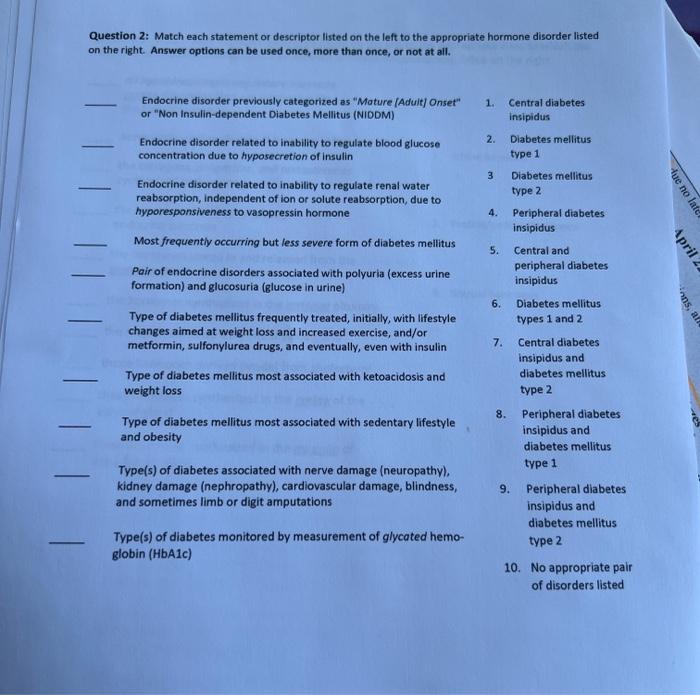 Solved Question 2: Match each statement or descriptor listed | Chegg.com