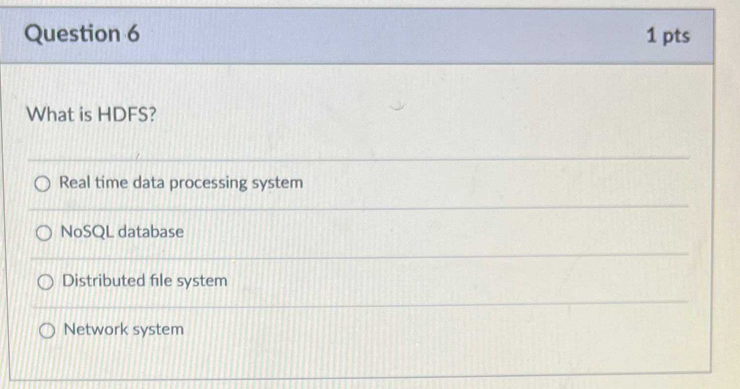 Solved Question 61ptsWhat is HDFS?q,Real time data | Chegg.com