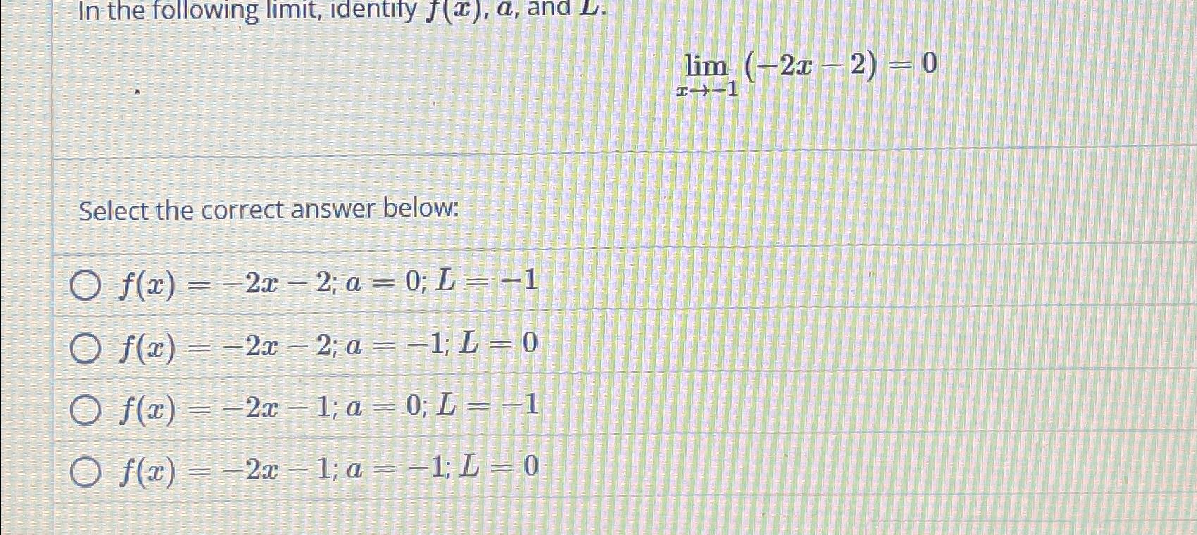 Solved In the following limit, ﻿identity f(x),a, ﻿and | Chegg.com