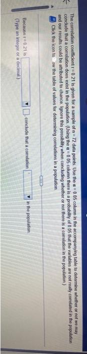 Solved The correlation coefficient r=0.21 is given for a | Chegg.com