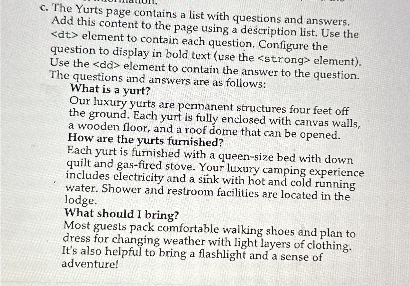 Solved c. ﻿The Yurts page contains a list with questions and | Chegg.com